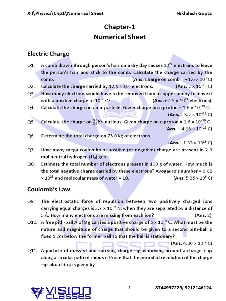 XII C1 Numericals | PDF | Electric Charge | Electron