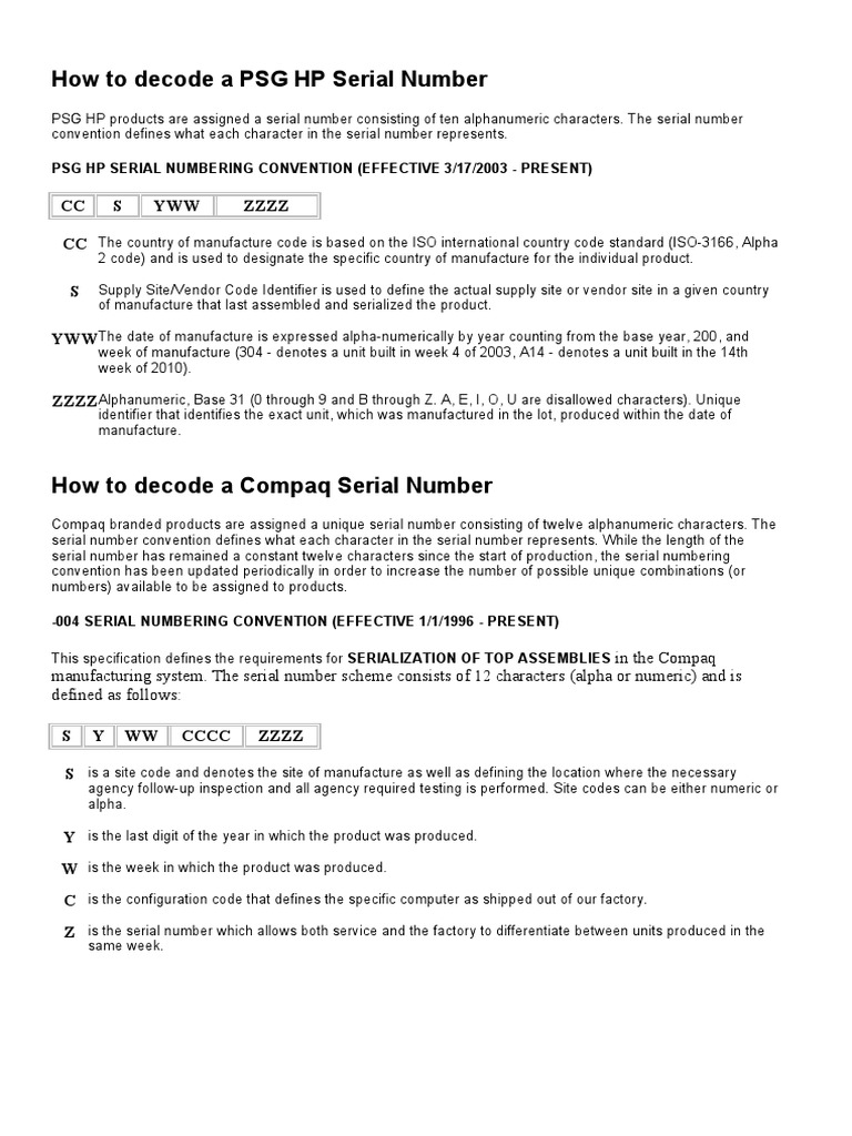 How To Decode A PSG HP Serial Number: CC S YWW ZZZZ CC S YWW | PDF ...
