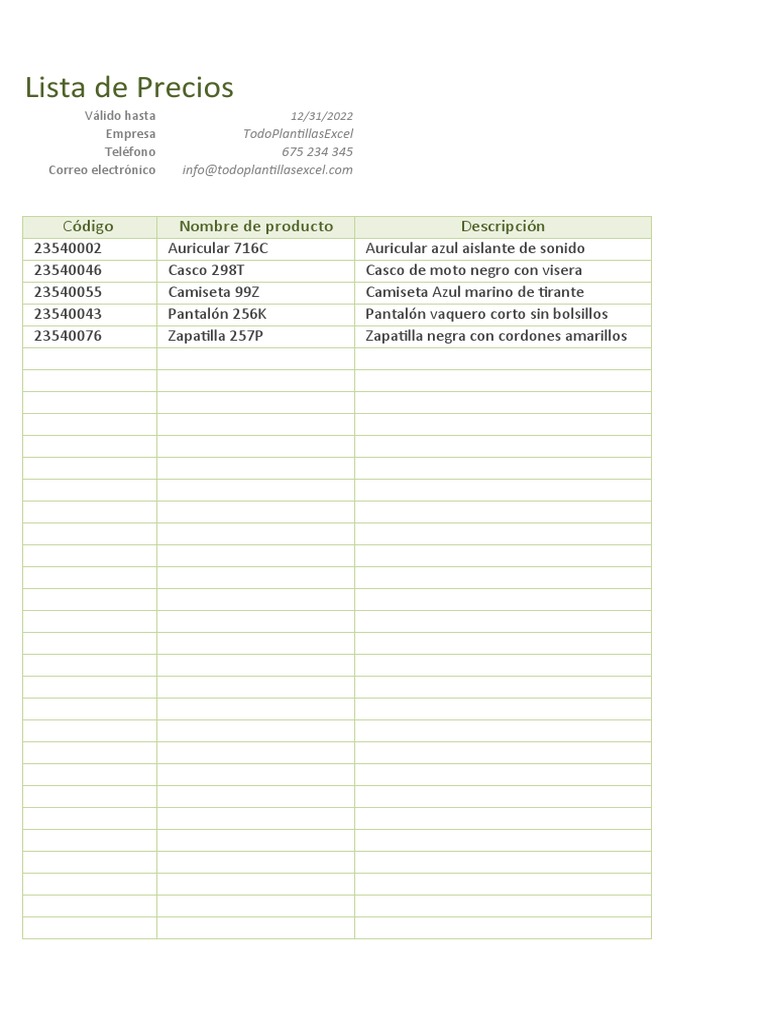 Plantilla Lista de Precios en Excel | PDF