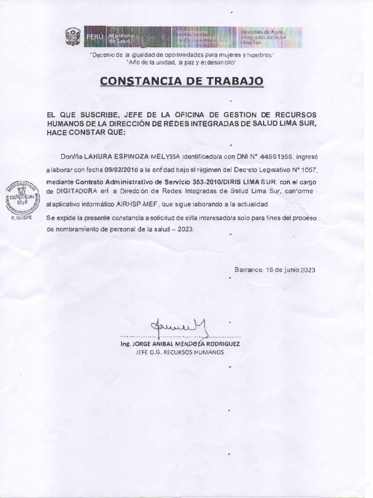 Constancia de Trabajo | PDF