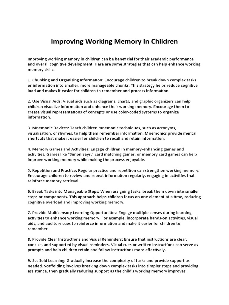 Improving Working Memory in Children | Download Free PDF | Memory | Working Memory