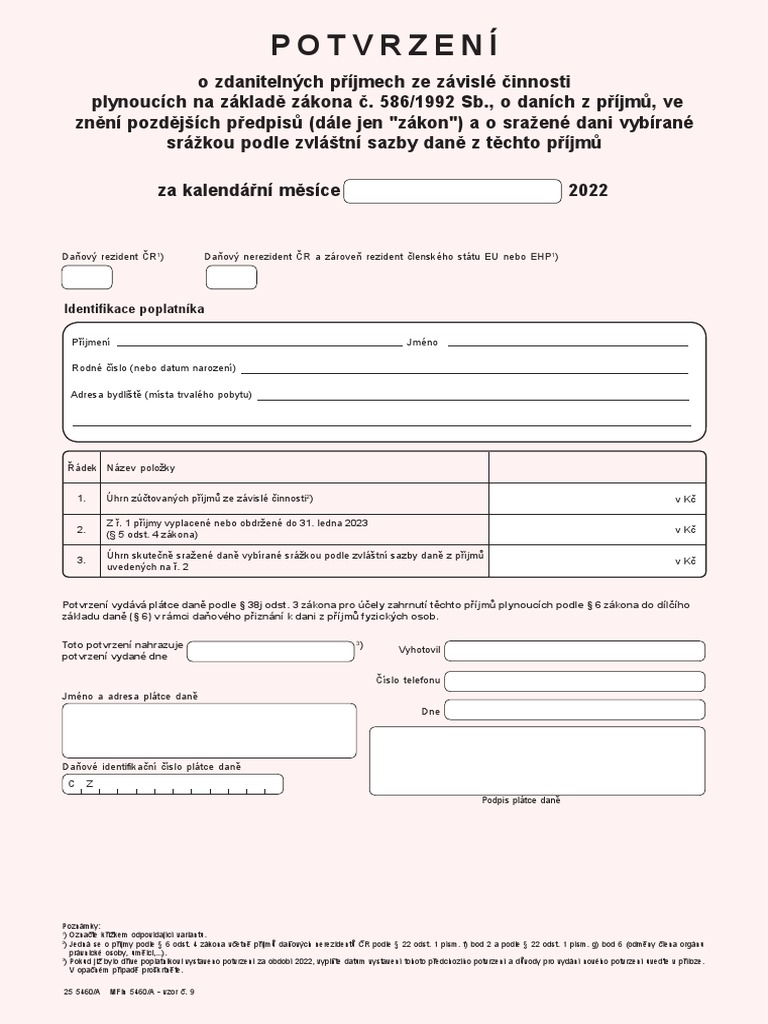 Potvrzení o Zdanitelných Příjmech Za Rok 2022 | PDF