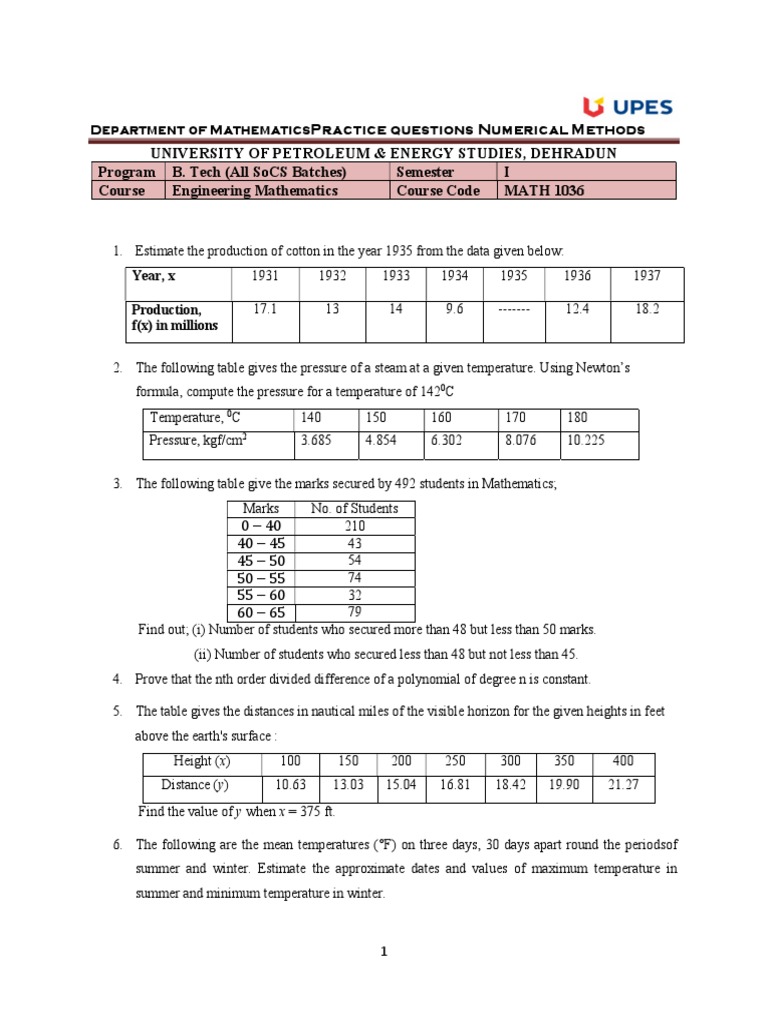 Practice Questions Numerical Methods - MATH 1036 | PDF | Interpolation ...