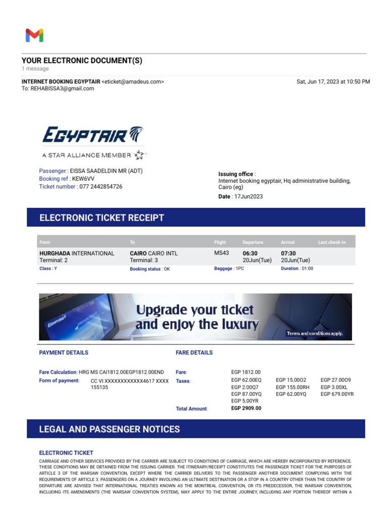 EgyptAir E-Ticket Confirmation | PDF | Airlines
