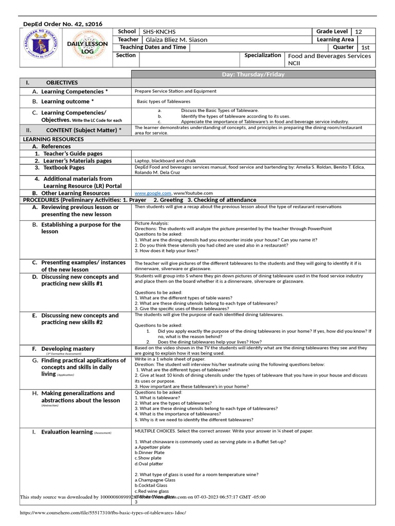 Fbs Basic Types of Tablewares 1 | PDF | Tableware