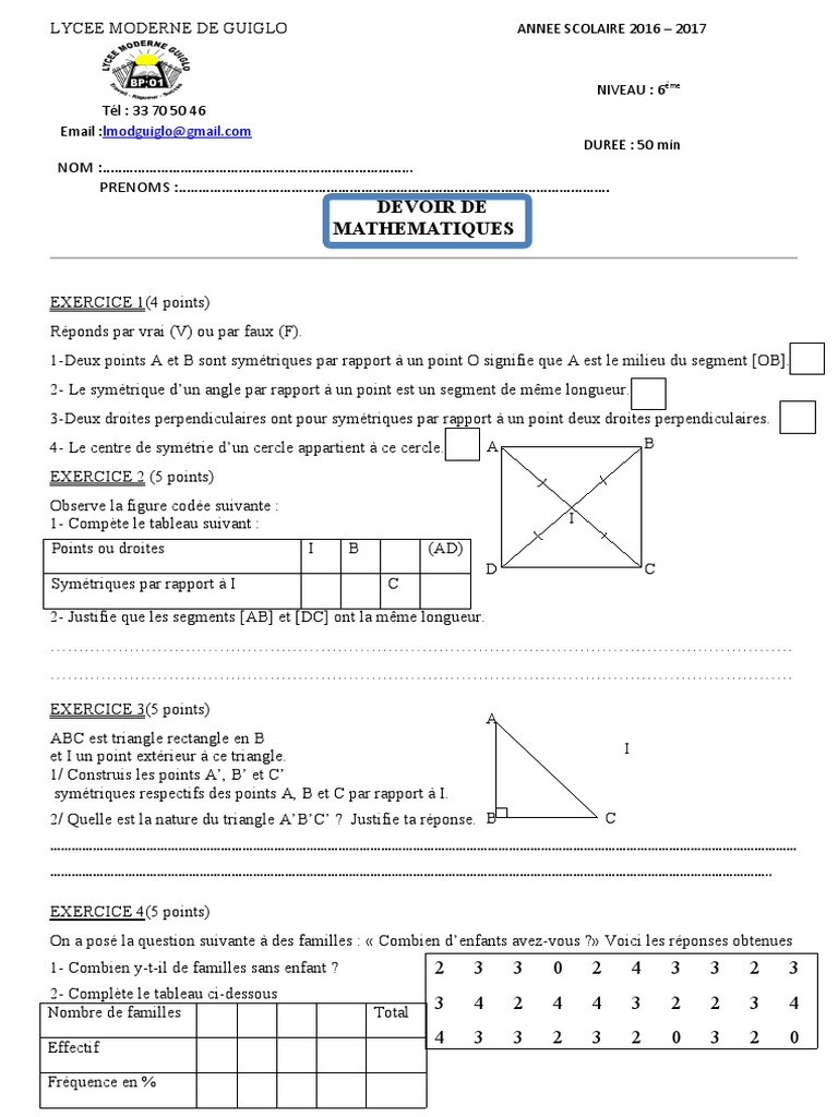 Devoir de Maths pour 6ème | PDF | Géométrie | Géométrie