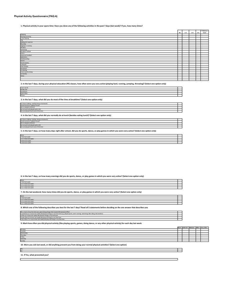 Physical+Activity+Questionnaire+(PAQ-A) | PDF | Workweek And Weekend ...