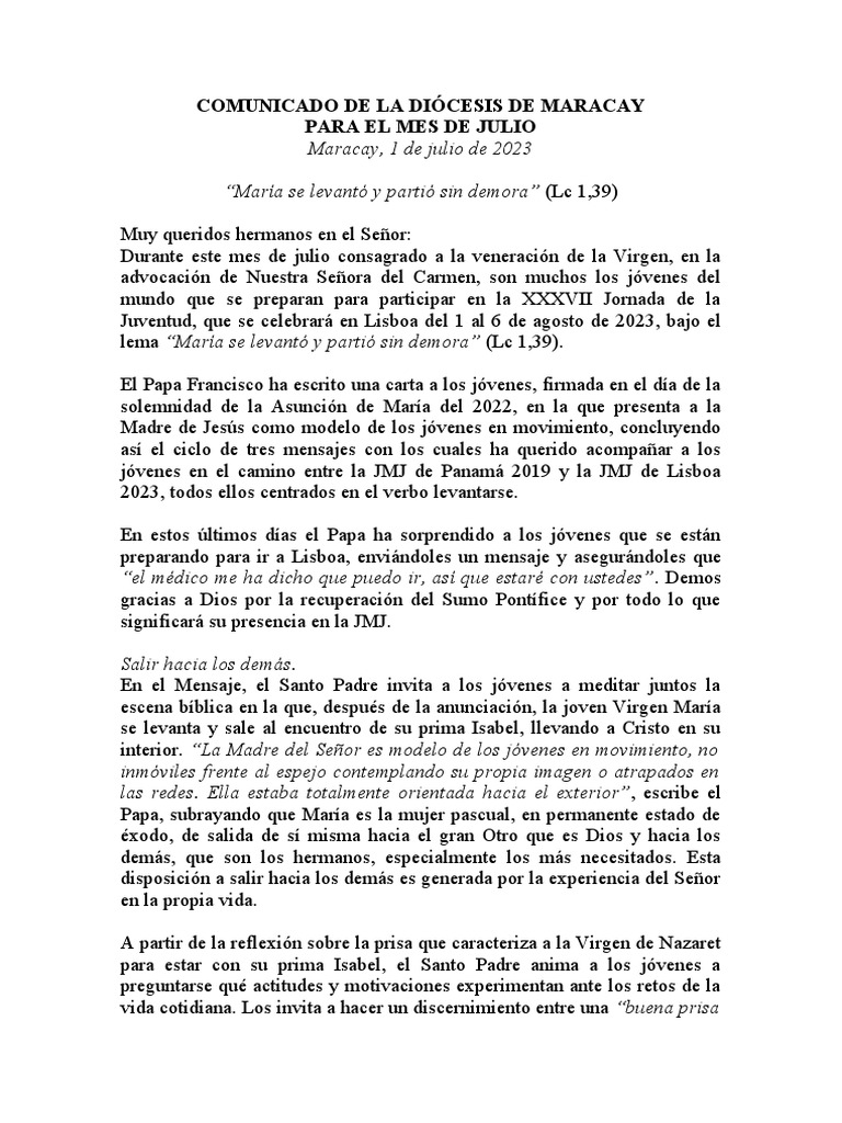 Comunicado de La Diócesis de Maracay Julio 2023 | PDF | María, madre de ...