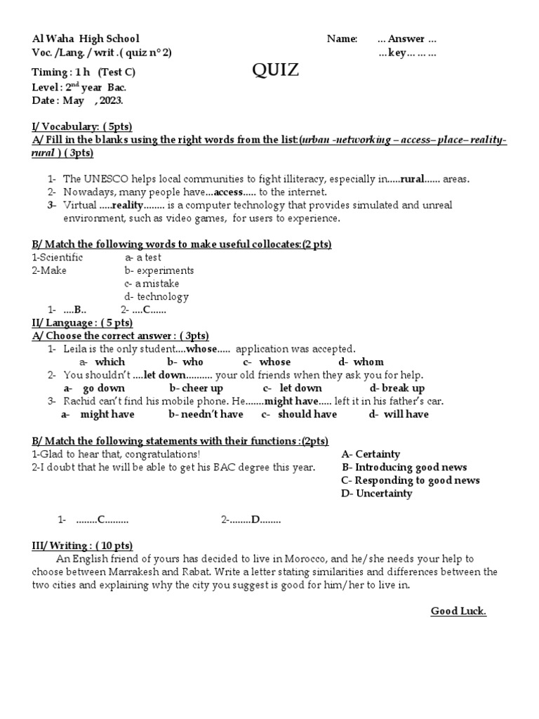 Gateway 2 Term 2 Test 2 C (Answer Key) | PDF