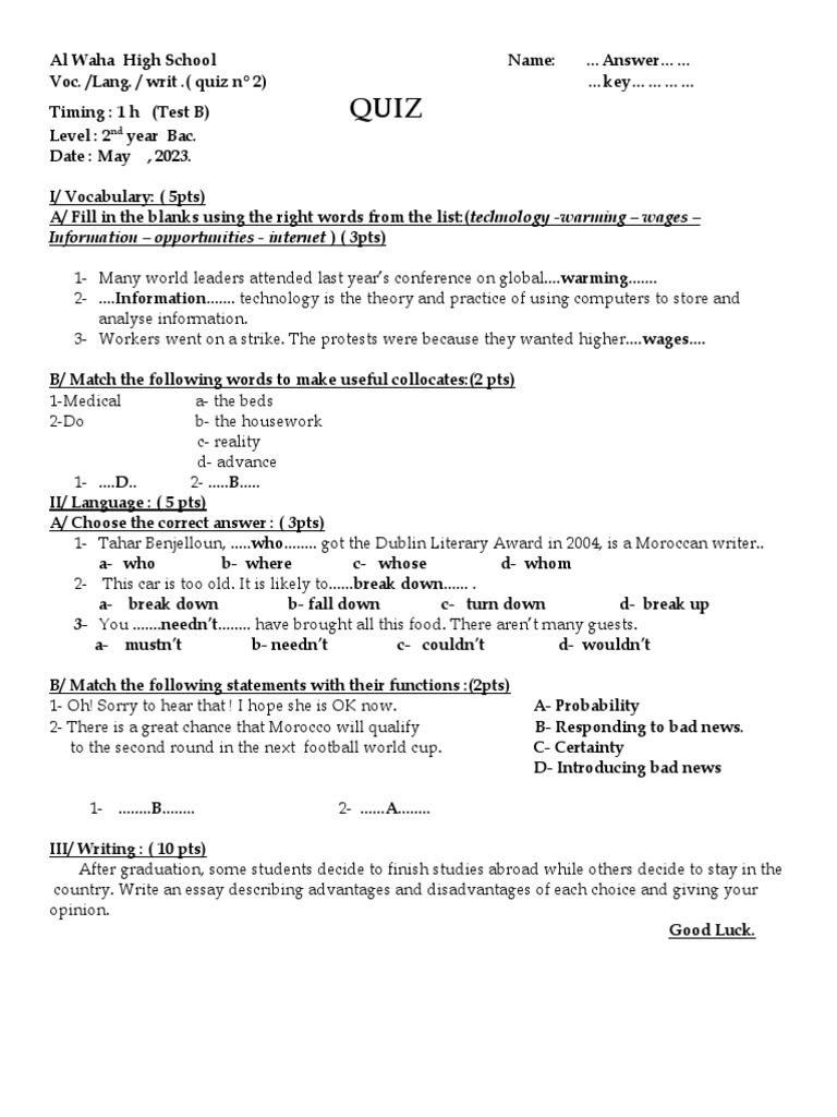 Gateway 2 Term 2 Test 2 B (Answer Key) | PDF