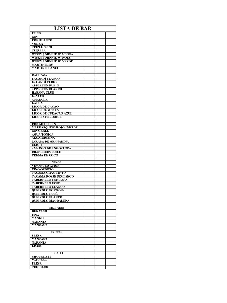 Lista de Bar | PDF