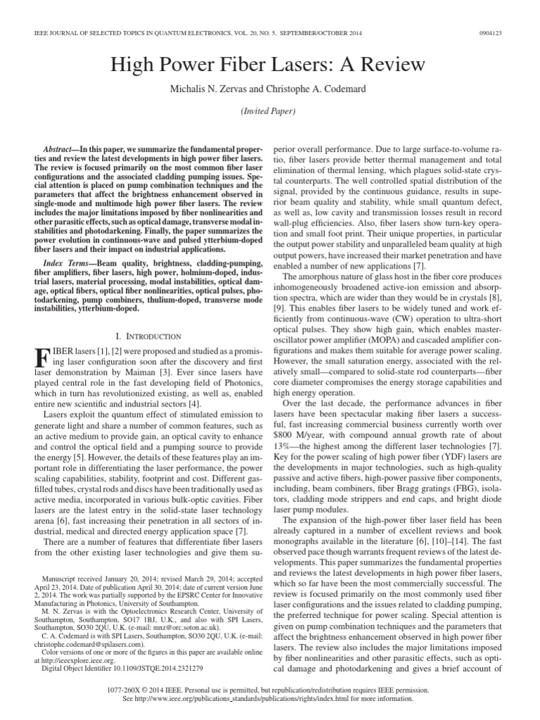 High Power Fiber Lasers A Review | PDF | Laser | Optical Fiber