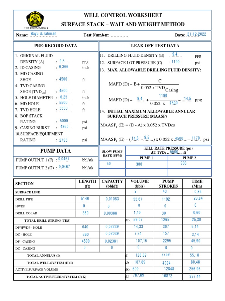 Well Control Worksheet for Drilling Operations | PDF | Casing (Borehole ...