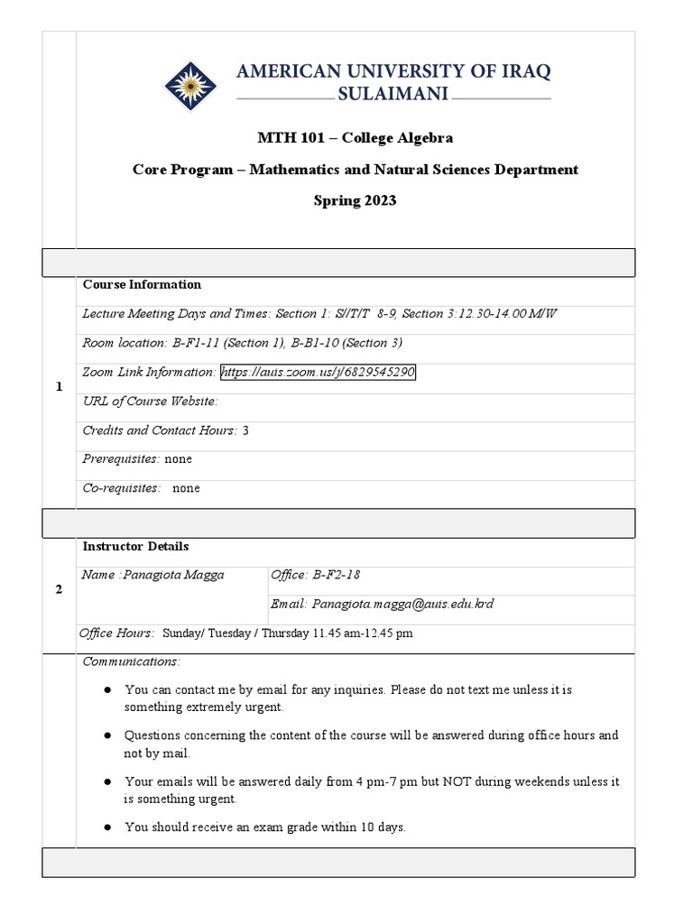 Math 101 Syllabus - Spring 2023 | PDF | Course Credit | Equations