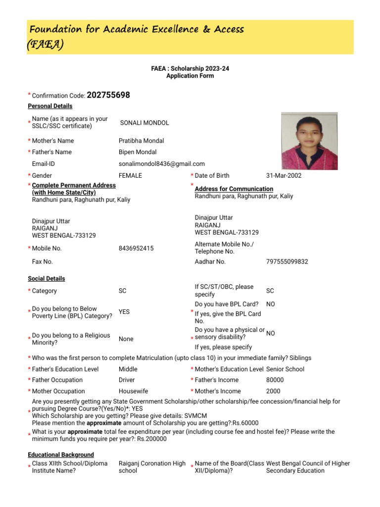 FAEA Scholarship Application 2023-24 | PDF | Diploma | College