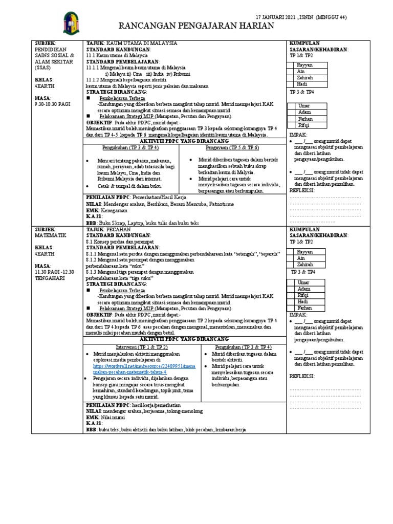 contoh rph Minggu 44 17-21jan RPH 2022 | PDF