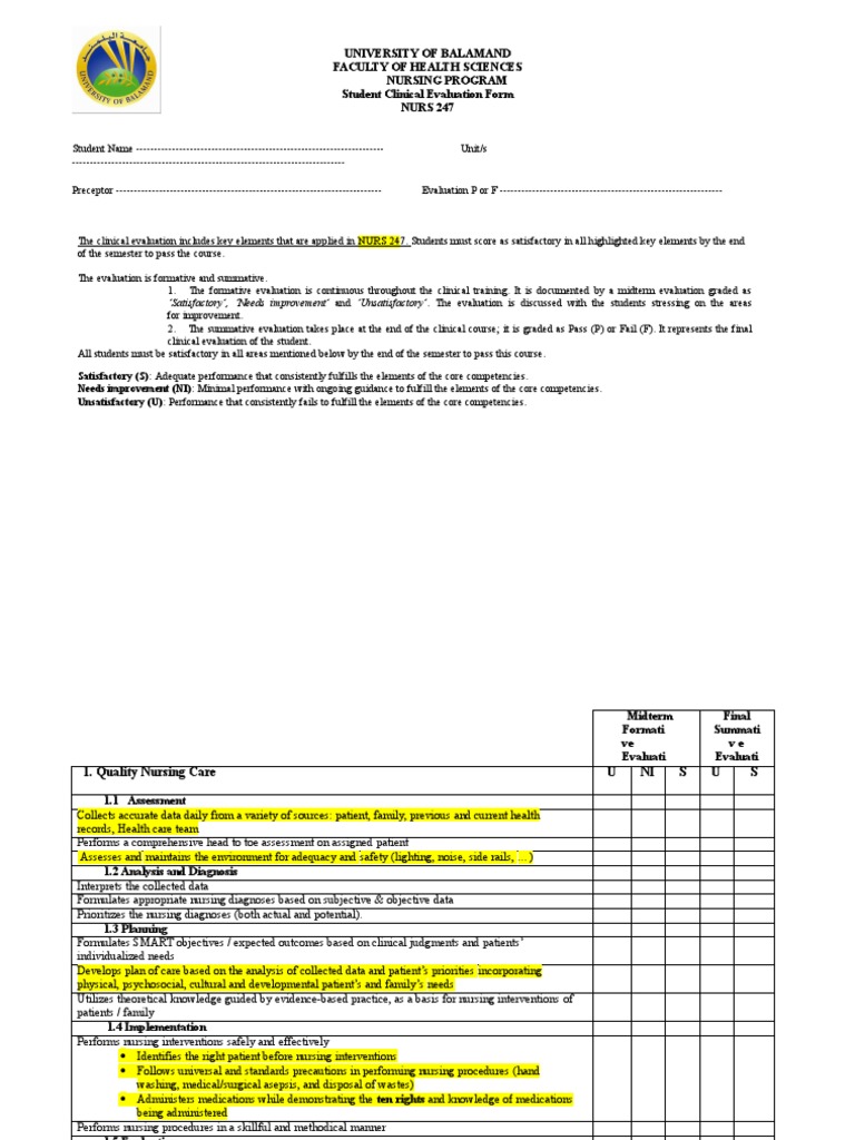 Evaluation Form NURS 247E... | PDF | Nursing | Evaluation