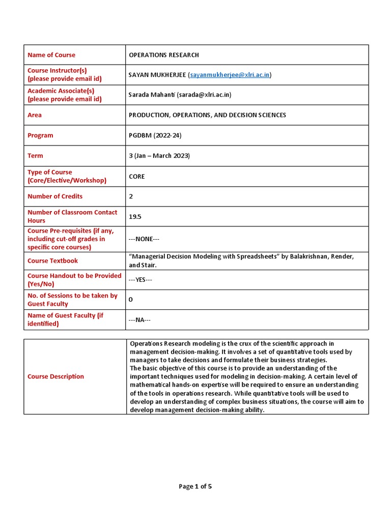 OR BD22 Course Outline | PDF | Operations Research | Decision Making