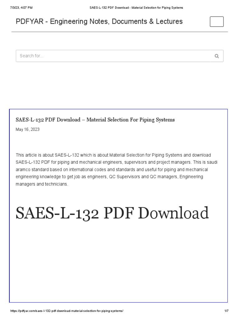 SAES-L-132 PDF Download - Material Selection For Piping Systems - PDFYAR | PDF | Pipe (Fluid ...