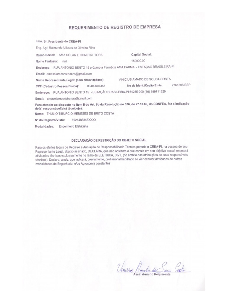 Requerimento de Registro de Empresa | PDF