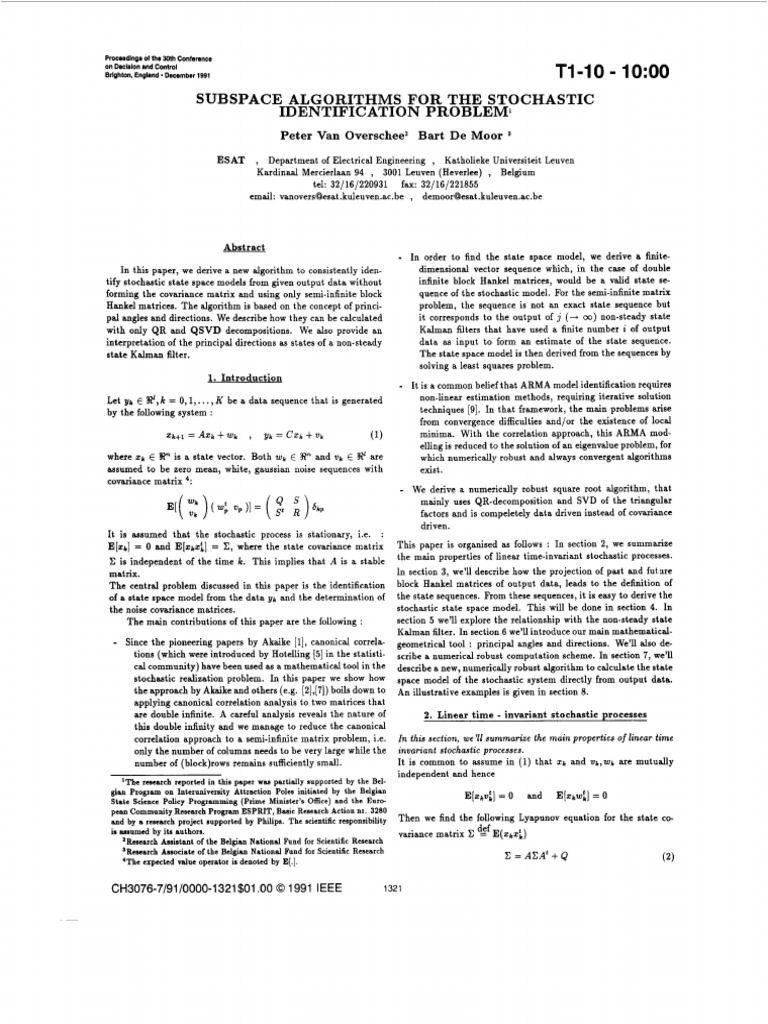 1991 Zz Subspace Algorithms For The Stochastic Identification Problem 1991 Pdf Matrix