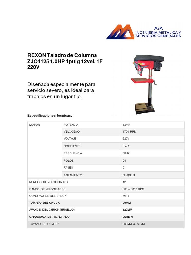Rexon Taladro de Columna Zjq4125 Ficha Tecnica | PDF