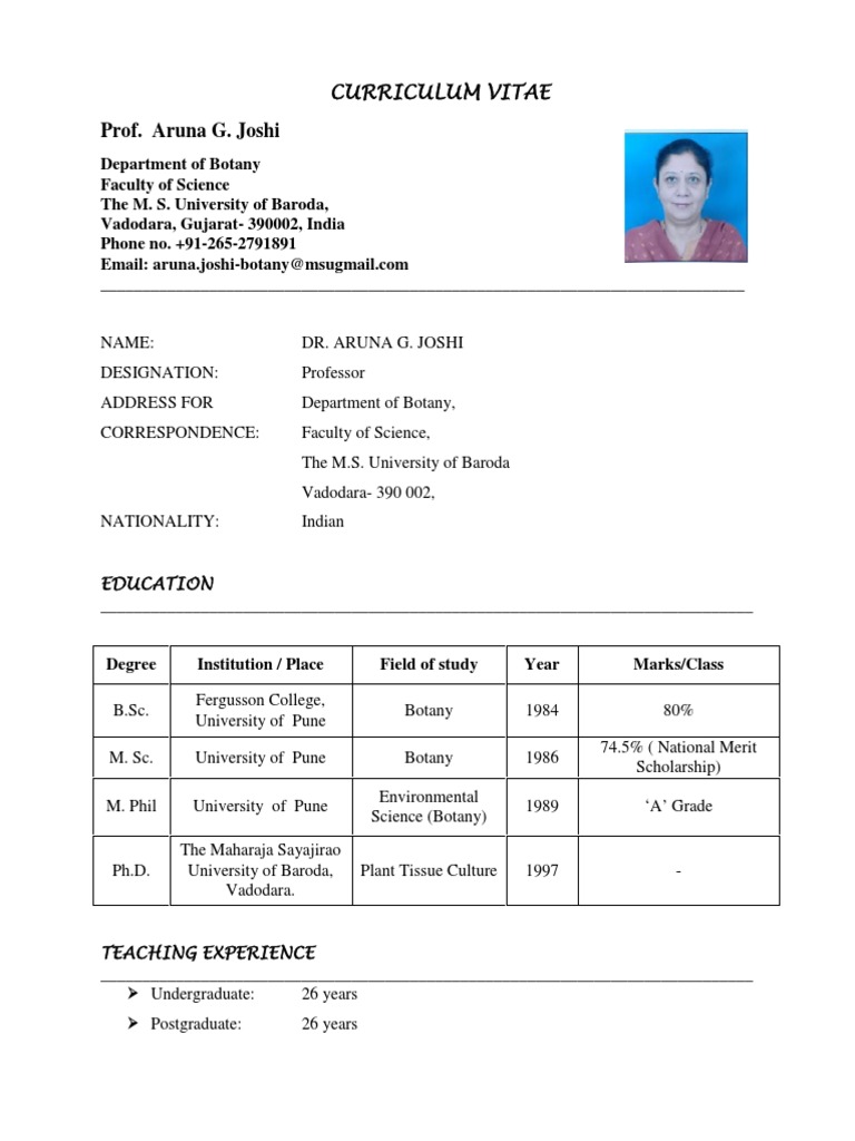 CV of Prof Aruna Joshi | PDF | Doctor Of Philosophy | Biology