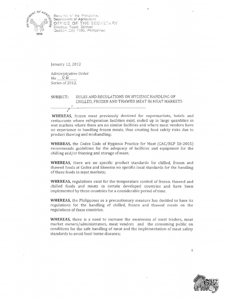 DA AO. No. 6 S 2012 Rules and Regulation On Hygienic Handling of Chillled, Frozen and Thawed ...