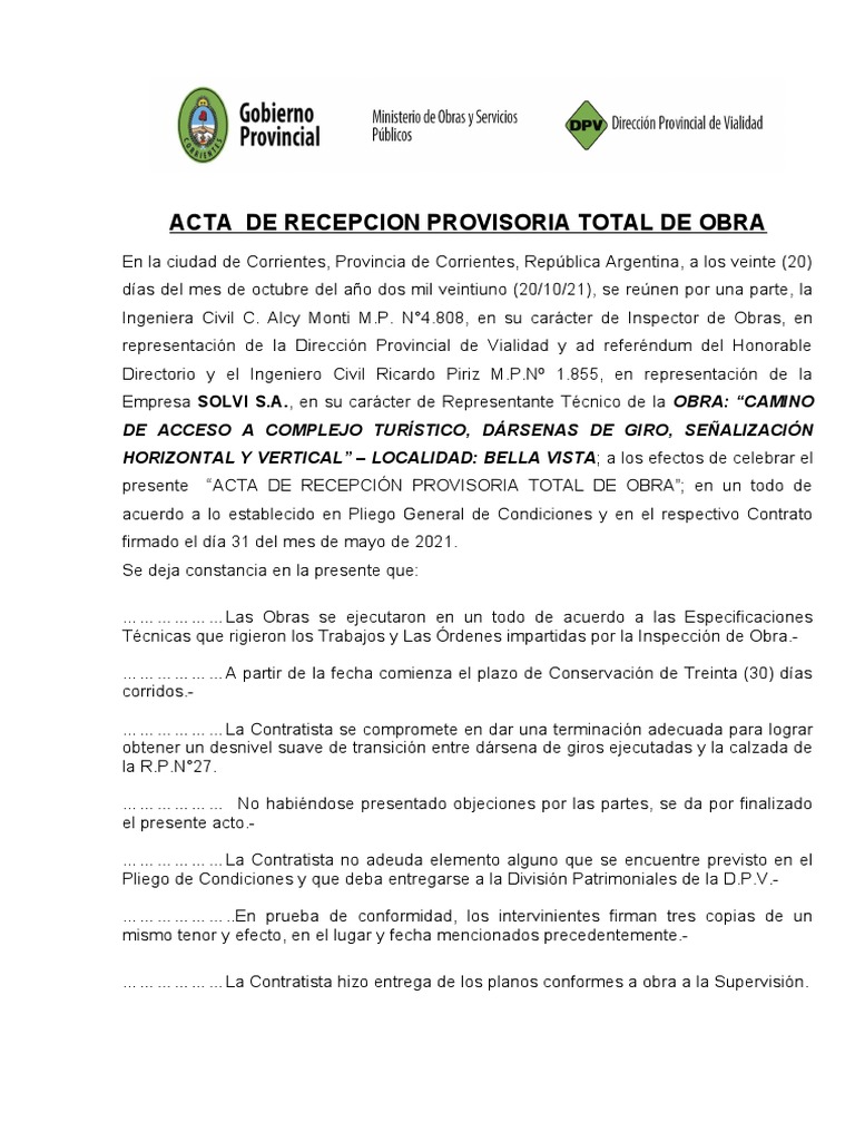 ACTAS DE RECEPCION PROVISORIA Ejemplo | PDF