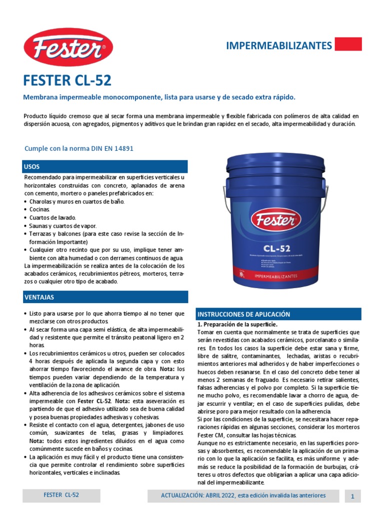 Fester CL-52: Ficha Técnica y Usos | PDF | Agua | Hormigón