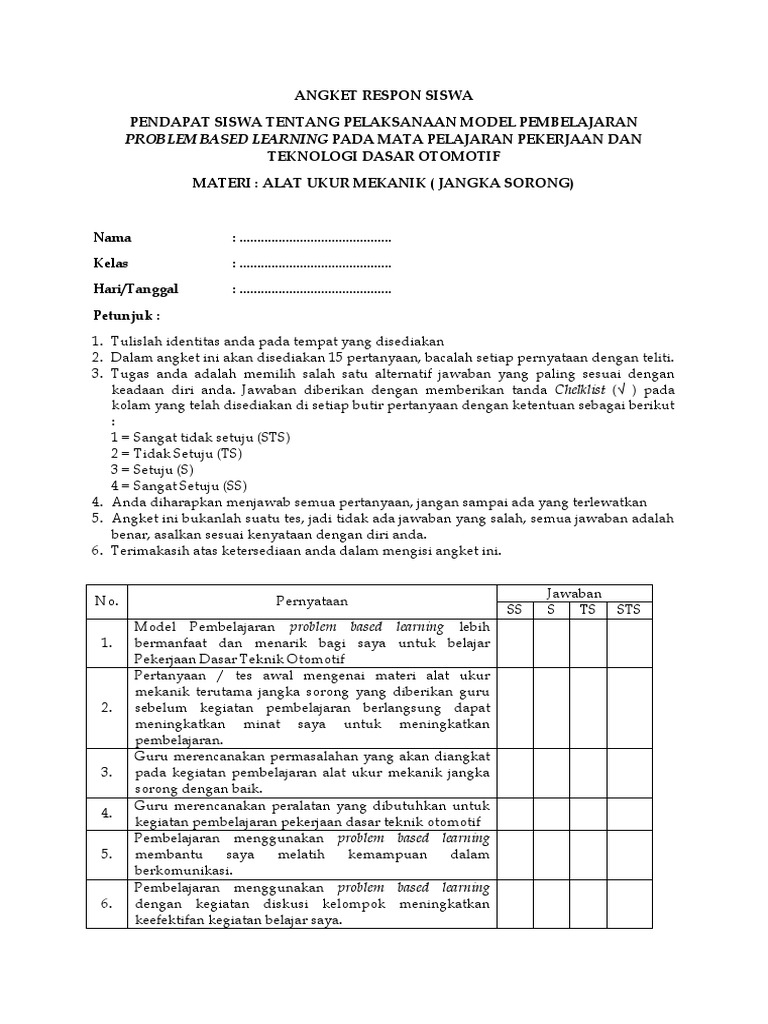 Angket Respon Siswa Terhadap Model Pembelajaran | PDF Angket Respon Siswa Terhadap Model Pembelajaran | PDF
