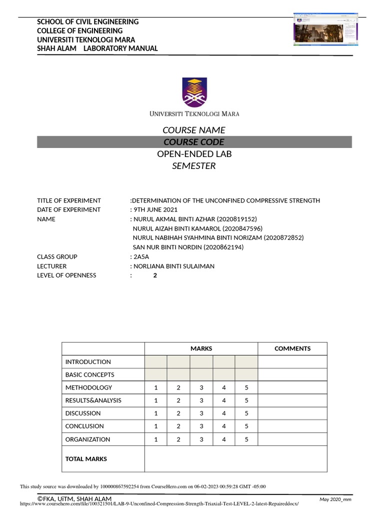Unconfined Compressive Strength Lab | PDF | Strength Of Materials ...