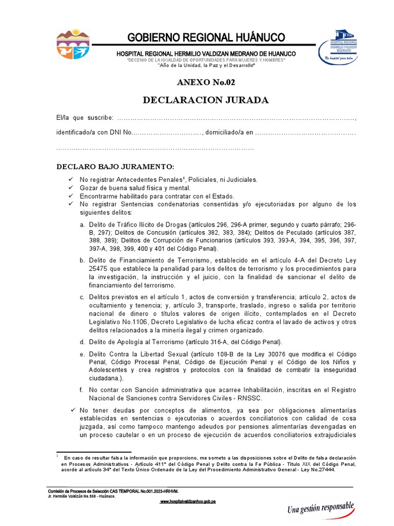 Anexo 02 Declaracion Jurada | PDF | Derecho penal | Justicia