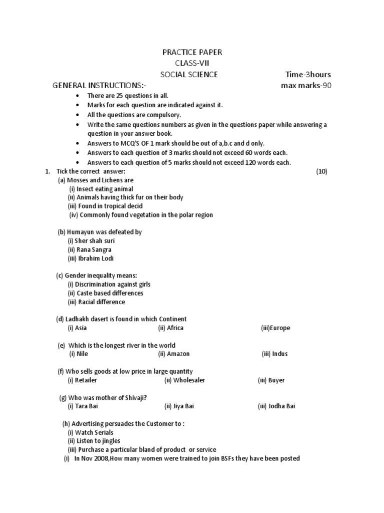 Class 7 Practice Paper Social Science | PDF