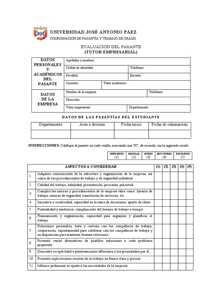 Evaluacion Del Pasante - Tutor Empresarial - Anexo 5 Ene20 | PDF