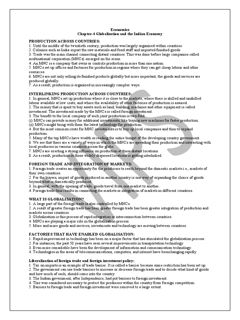 Economics Class 10 ch4 | PDF | Globalization | Multinational Corporation