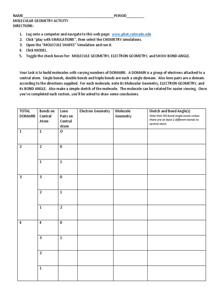 Molecular Geometry Phet Lab | PDF | Chemical Bond | Molecules