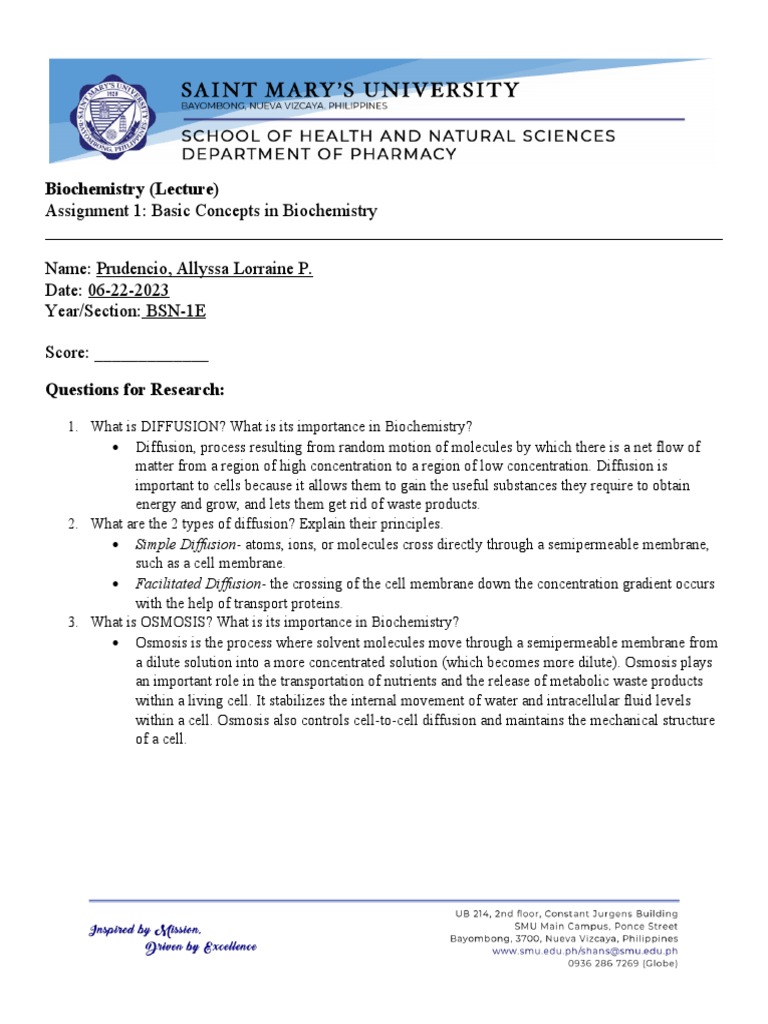 Assignment 1- Basic Concepts in Biochemistry-hatdog | PDF | Osmosis ...