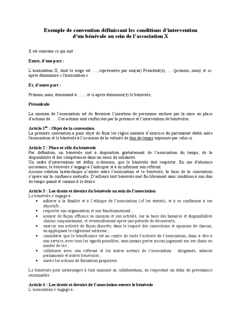 Convention de bénévolat pour l'association X | PDF | Bénévolat