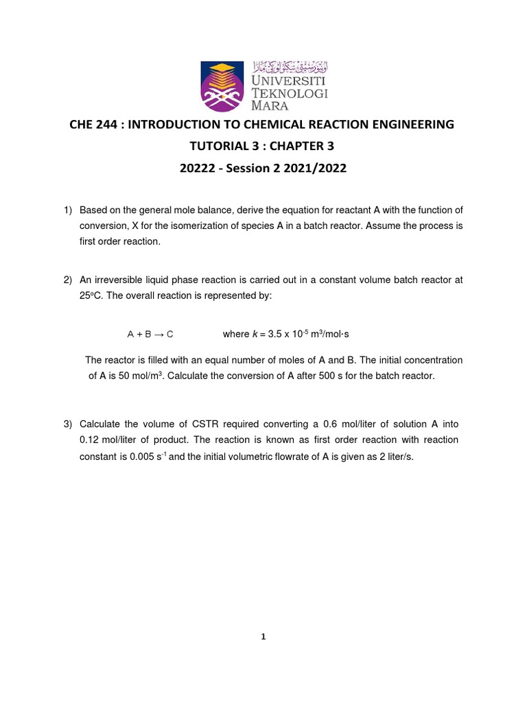Tutorial3 - C3 - CHE 244 | PDF | Chemical Reactor | Reaction Rate