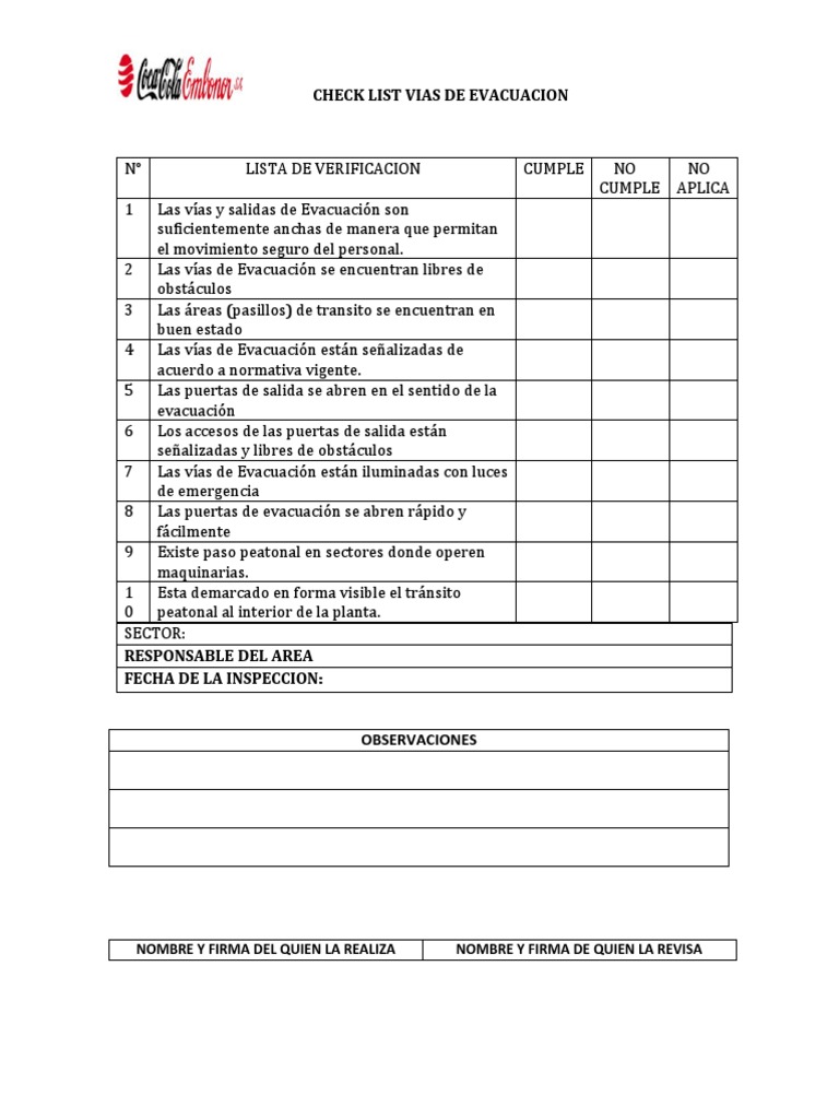 Check List Vias de Evacuacion | PDF Check List Vias de Evacuacion | PDF