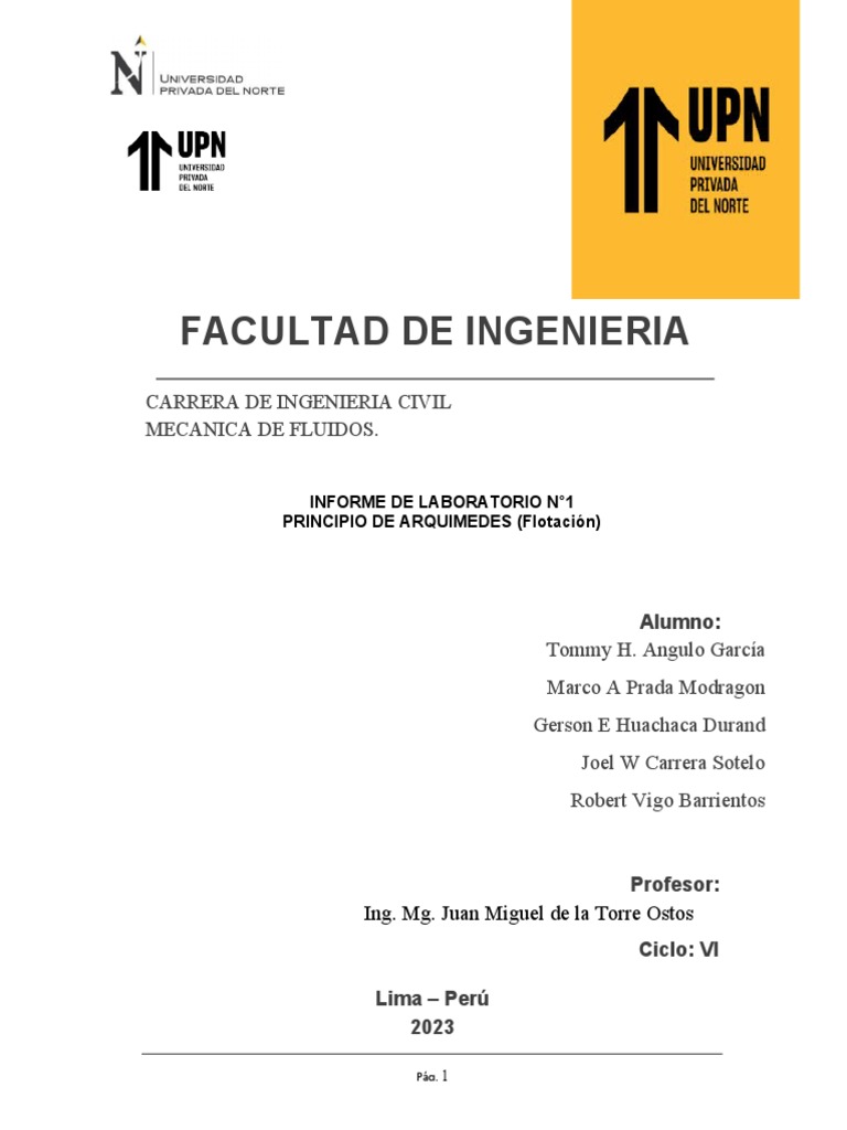 T6 Informe De Laboratorio 1 Mecanica De Fluidos Flotacion Pdf