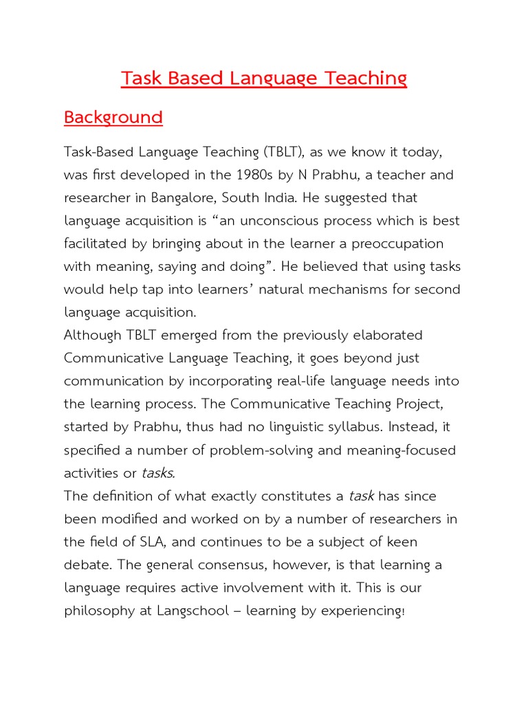 Task Based Language Teaching | PDF | Learning | Language Education Task Based Language Teaching | PDF | Learning | Language Education