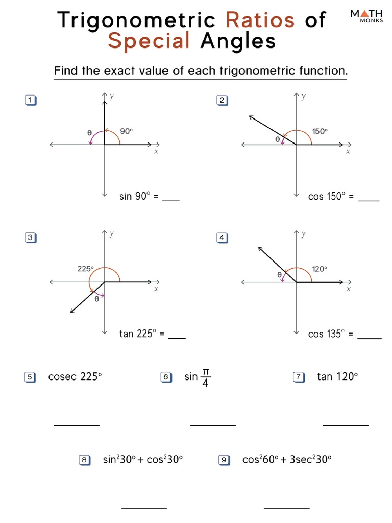Trigonometric Ratios of Special Angles Worksheet | PDF