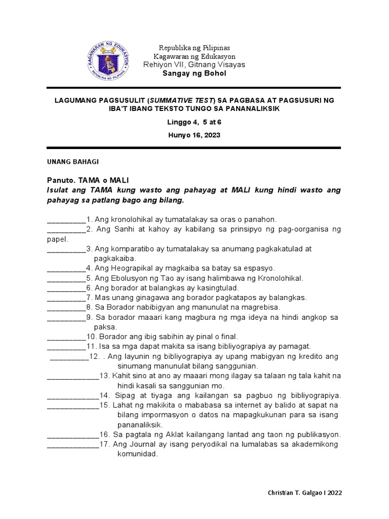 FIL11-Lagumang Pagsusulit - Pagbasa at Pagsusuri NG Iba - T Ibang ...