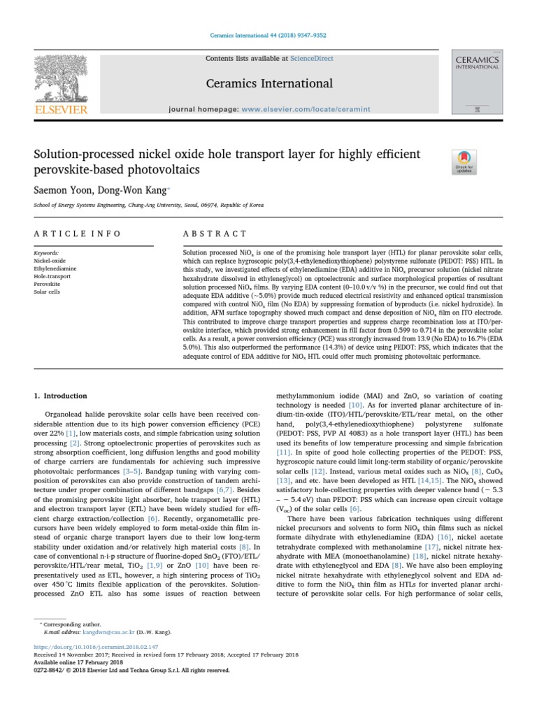 Solution-Processed Nickel Oxide Hole Transport Layer For Highly Efficient Perovskite-Based ...