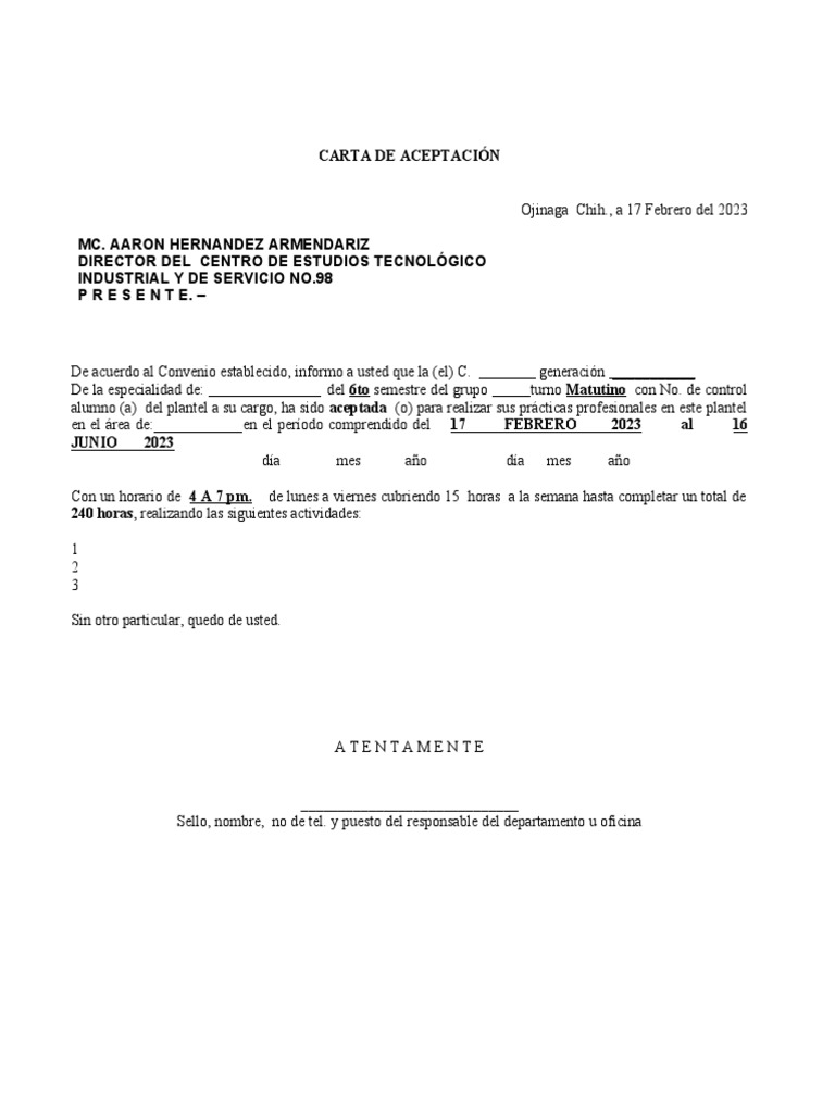 Carta de Aceptación Alumnos | PDF