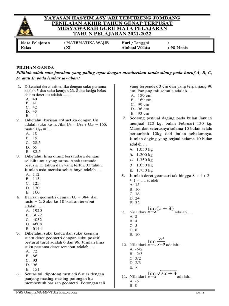 Soal Pat Matematika Wajib Kelas - Xi 2021-2022 | PDF