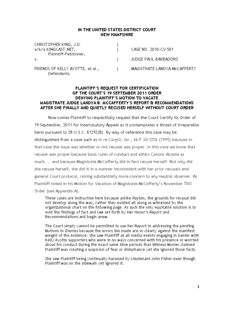 28 U.S.C. 1292 (B) Interlocutory Appeal Request For Certification in ...