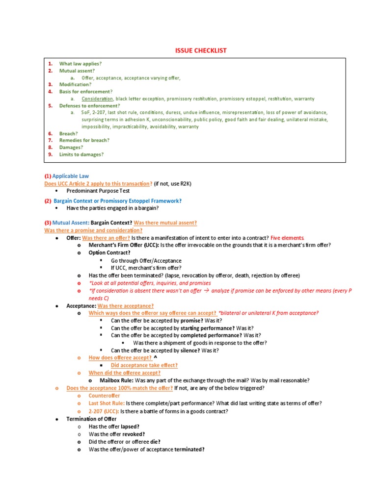Contracts Issue Checklist | PDF | Breach Of Contract | Damages